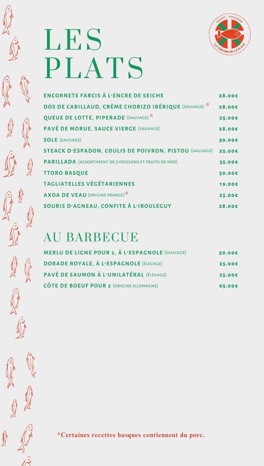 Menu restaurant la Tantina de la Playa de Toulouse