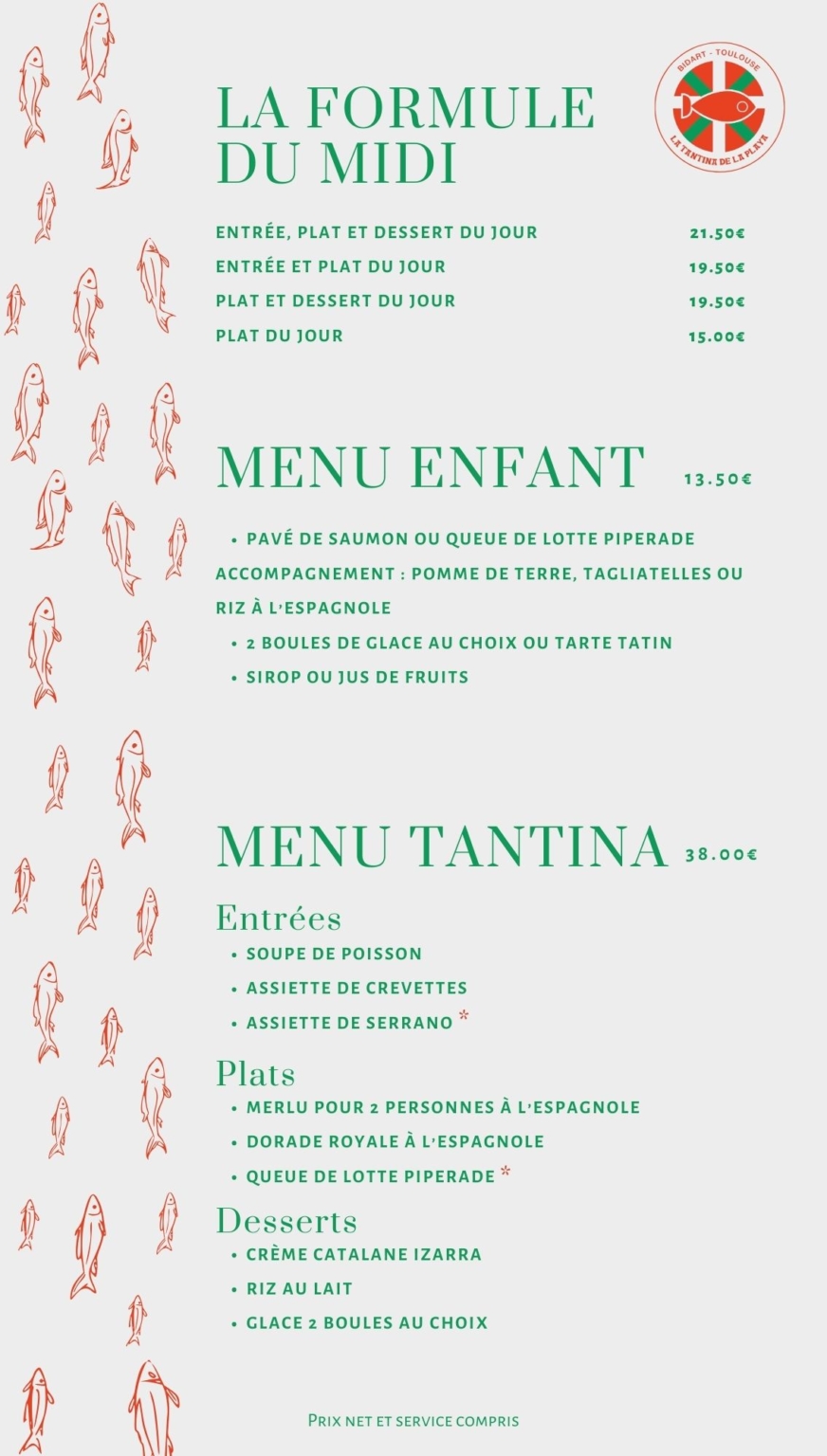 Menu restaurant la Tantina de la Playa de Toulouse